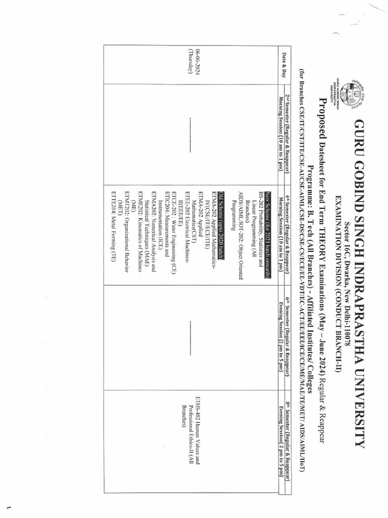 Btech Datesheet Ipu | PDF