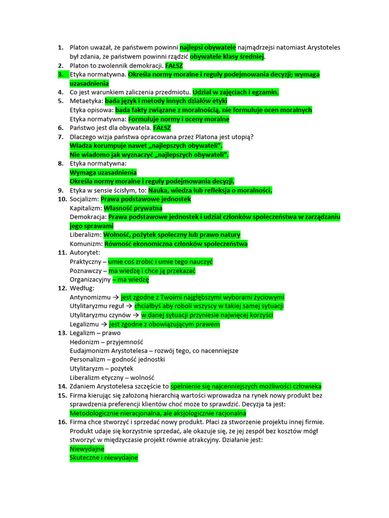 Wielka Baza Pytań Etyka 1 | PDF