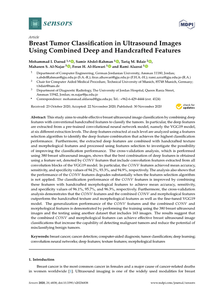 Breast Tumor Classification In Ultrasound Images Using Combined Deep And Handcrafted Features