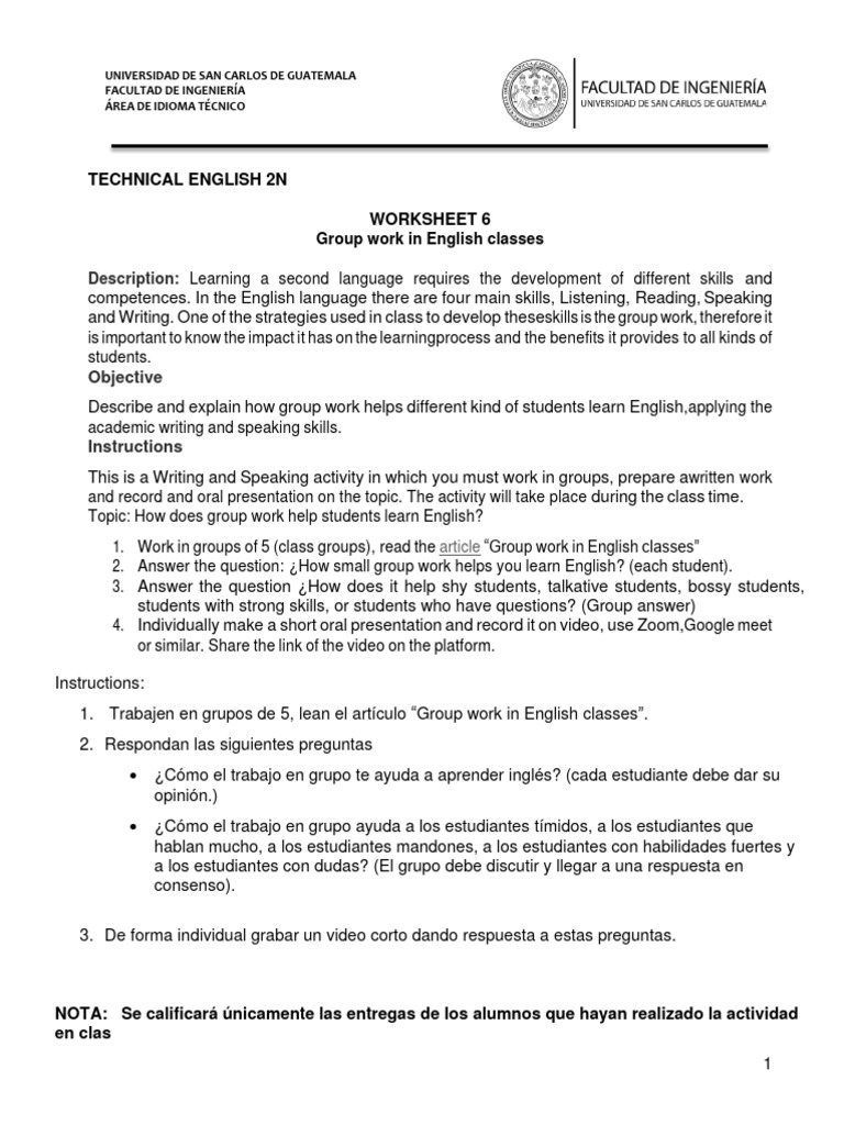 TE2-O - Guideline - Worksheet#6 - GroupWork | PDF | Vocabulary | Cognition
