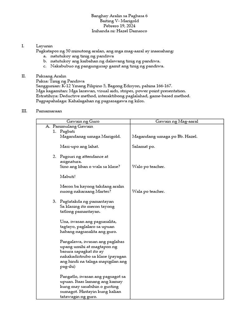 Banghay Aralin Sa Pagbasa 6 - Tinig NG Pandiwa - Baitang V - Hazel ...