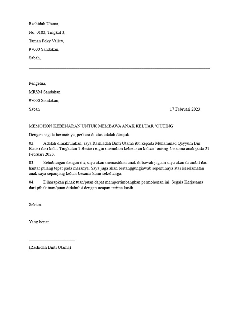 Contoh Surat Rasmi Memohon Keluar Outing | PDF