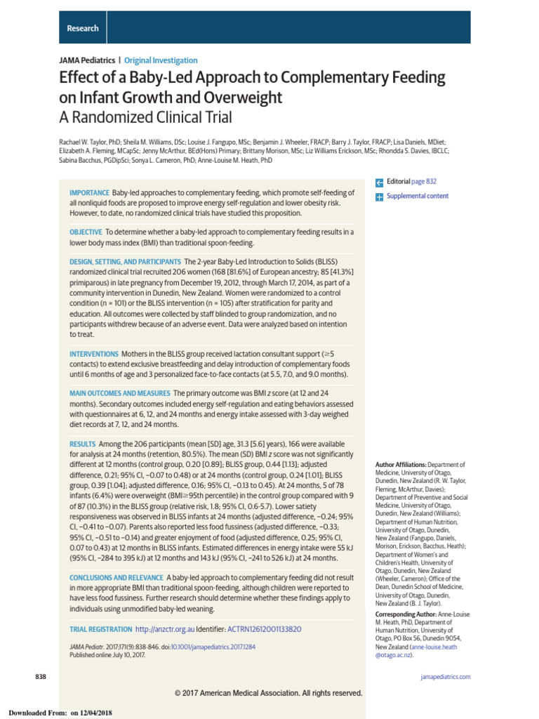 Effect of A Baby-Led Approach To Complementary Feeding On Infant Growth and Overweight A ...