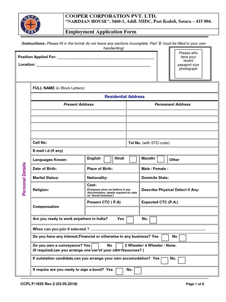Cooper Corporation Employment Application Form | PDF