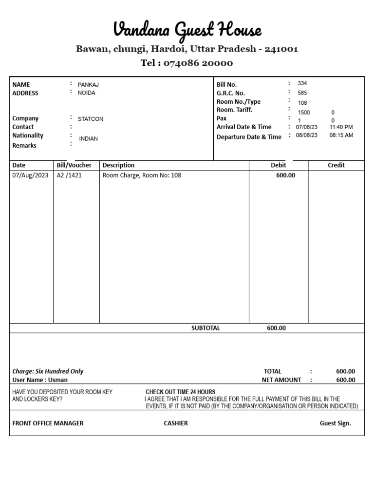 Pankaj Hotel bill (1) | PDF