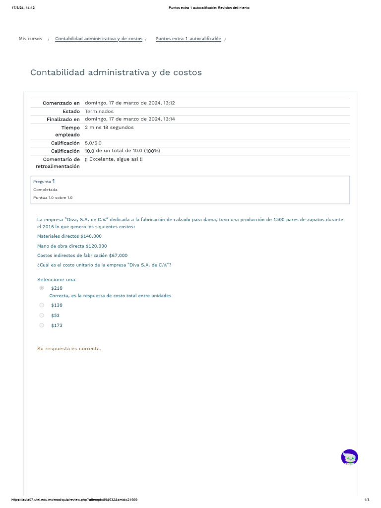 Puntos Extra 1 Autocalificable Contabilidad Administrativa y de Costos | PDF | Economias ...