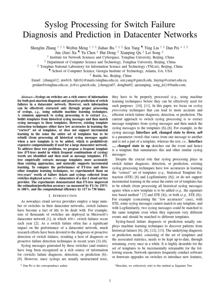 Fttree Syslog Processing For Switch Failure Diagnosis and Prediction in Datacenter Networks ...