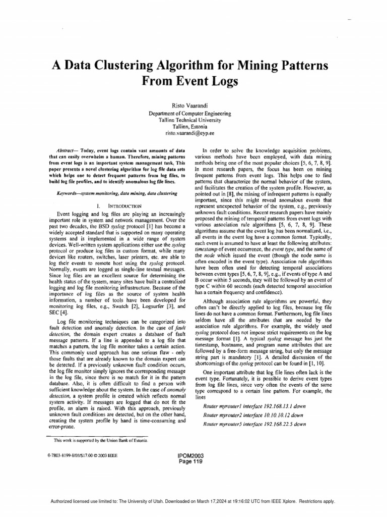Va A Data Clustering Algorithm For Mining Patterns From Event Logs Pdf Cluster Analysis