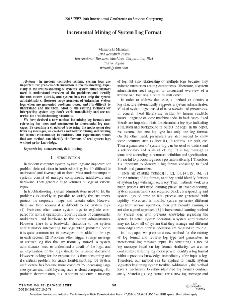 Shiso Incremental Mining Of System Log Format Pdf Logarithm System