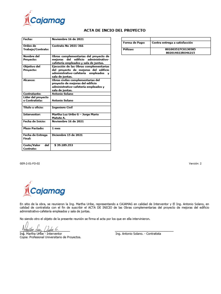 Acta de Inicio - Contrato 2021-366 - Solano | PDF