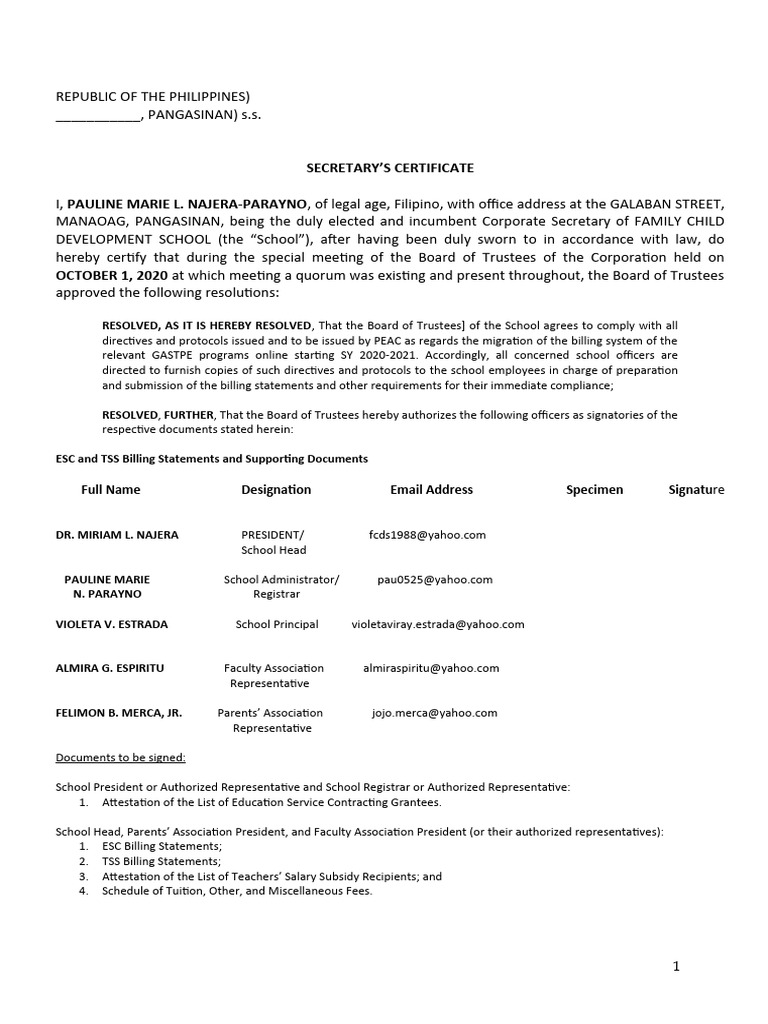 Secretarys Certificate On Assigning Signatories in The ESC and TSS Program | PDF | Government