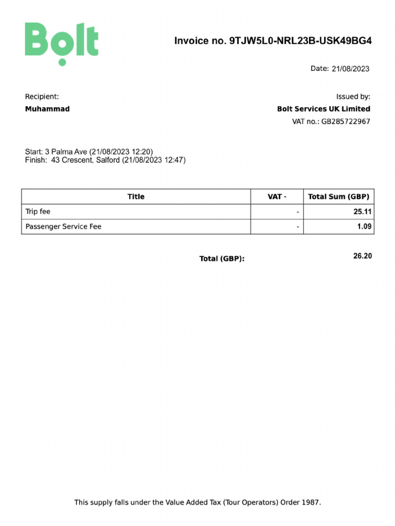 Ride Invoice From Bolt 3 | PDF