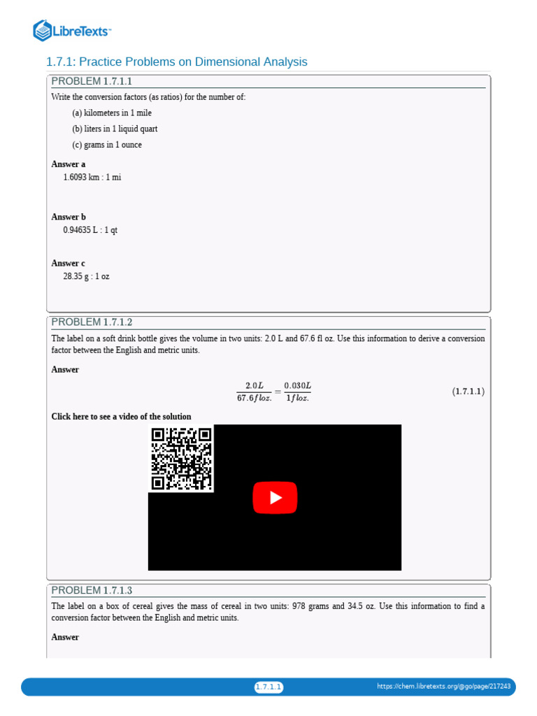 1.7.01 Practice Problems On Dimensional Analysis | PDF | Ounce | Litre