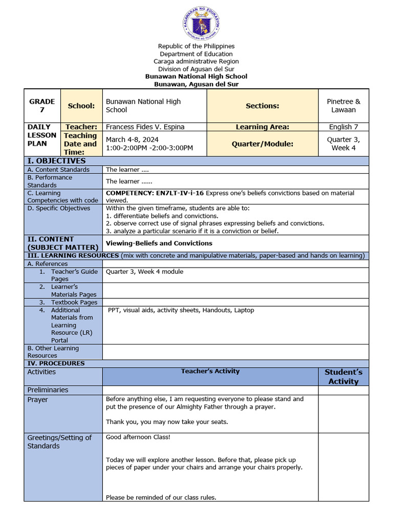 QUARTER 3 - WEEK 4 DAILY LESSON PLAN IN ENGLISH - Copy | PDF | Faith ...