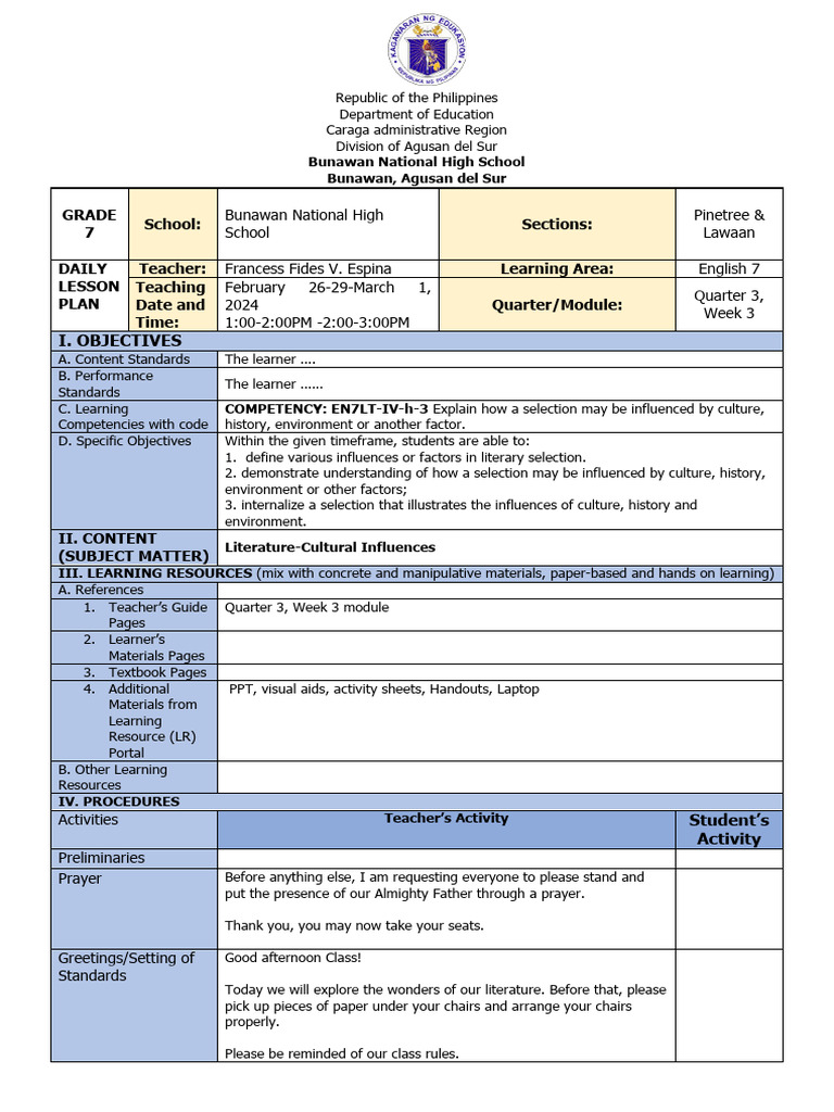 Lesson Plan: Cultural Influences in Lit | PDF | Communication | Etiquette