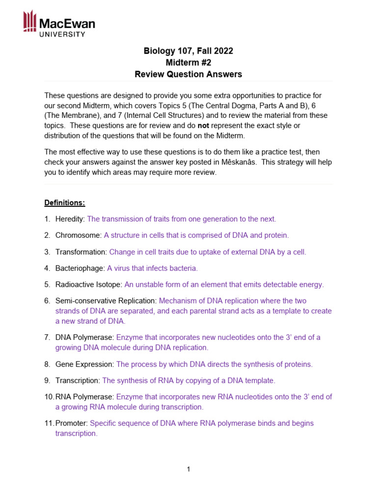 Midterm 2 Review Answers | PDF | Messenger Rna | Translation (Biology)