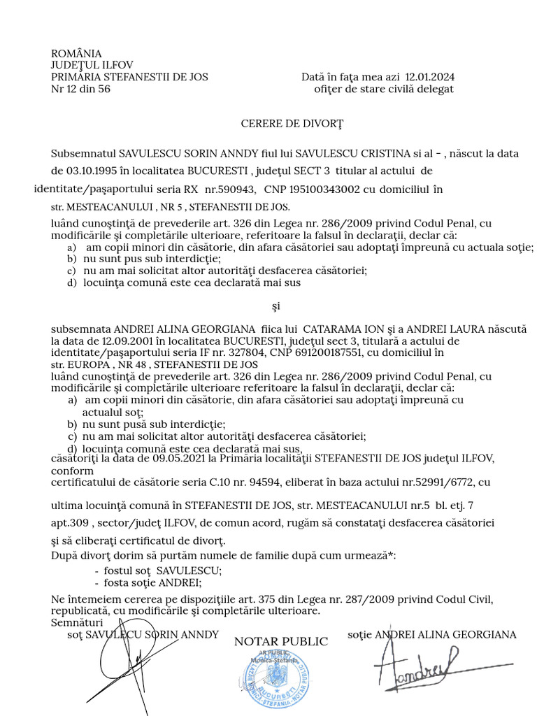 12-1 Cerere de Divort-1 | PDF