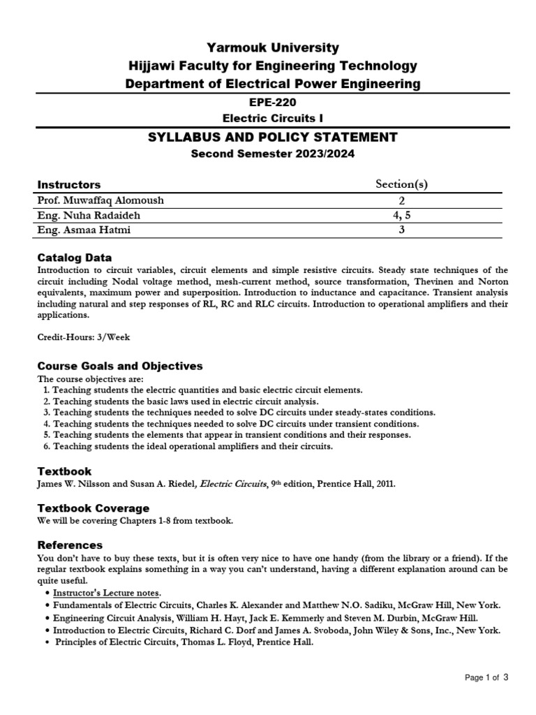 Syllabus Circuits EPE220 Second Semester 2023 2024 | PDF | Electrical Network | Electronics