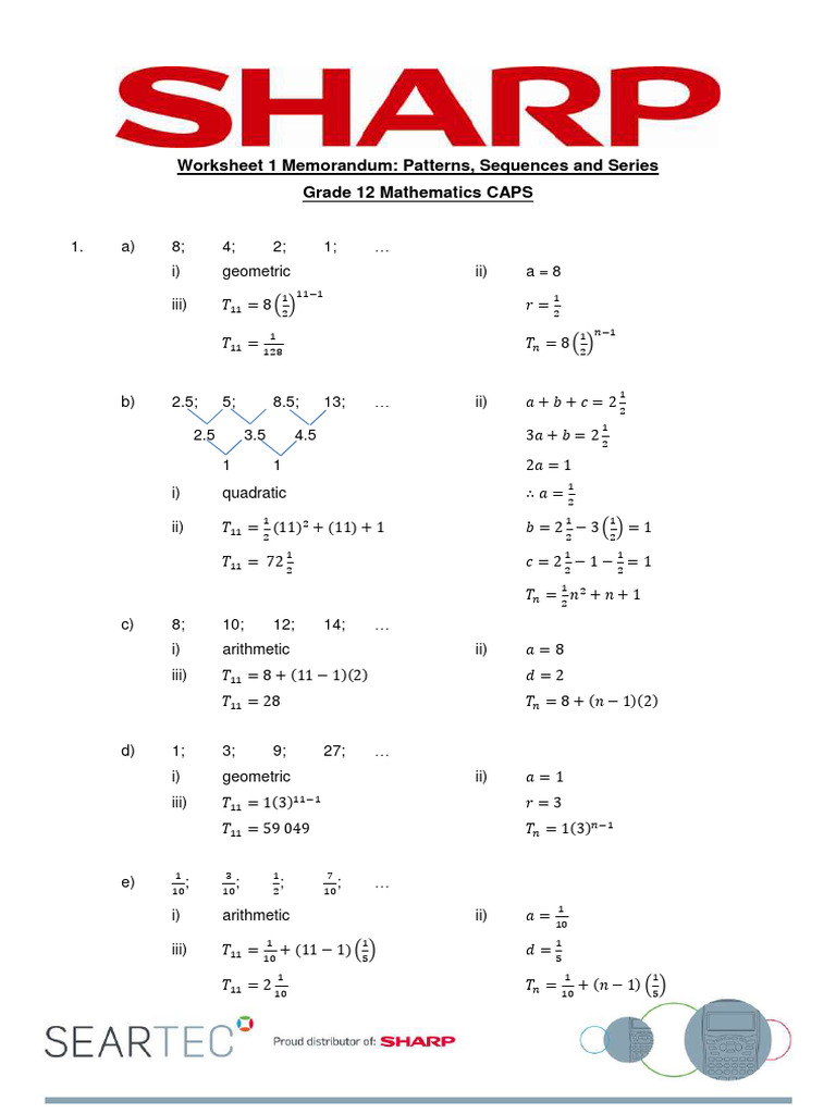Worksheet 1 Memorandum Patterns Sequences and Series Grade 12 Maths ...