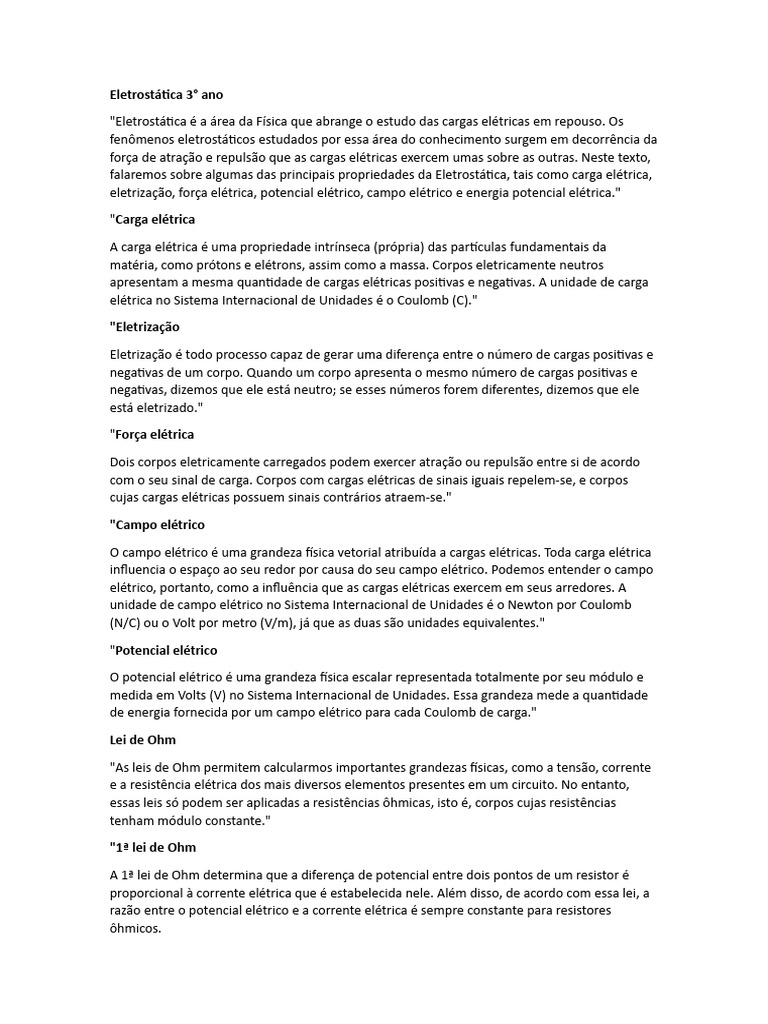 Conceitos De Eletrostática Para 3 Ano Pdf Carga Elétrica