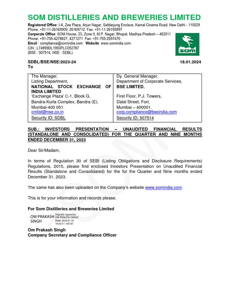 Som Distilleries and Breweries Limited: Cmlist@nse - Co.in | PDF ...