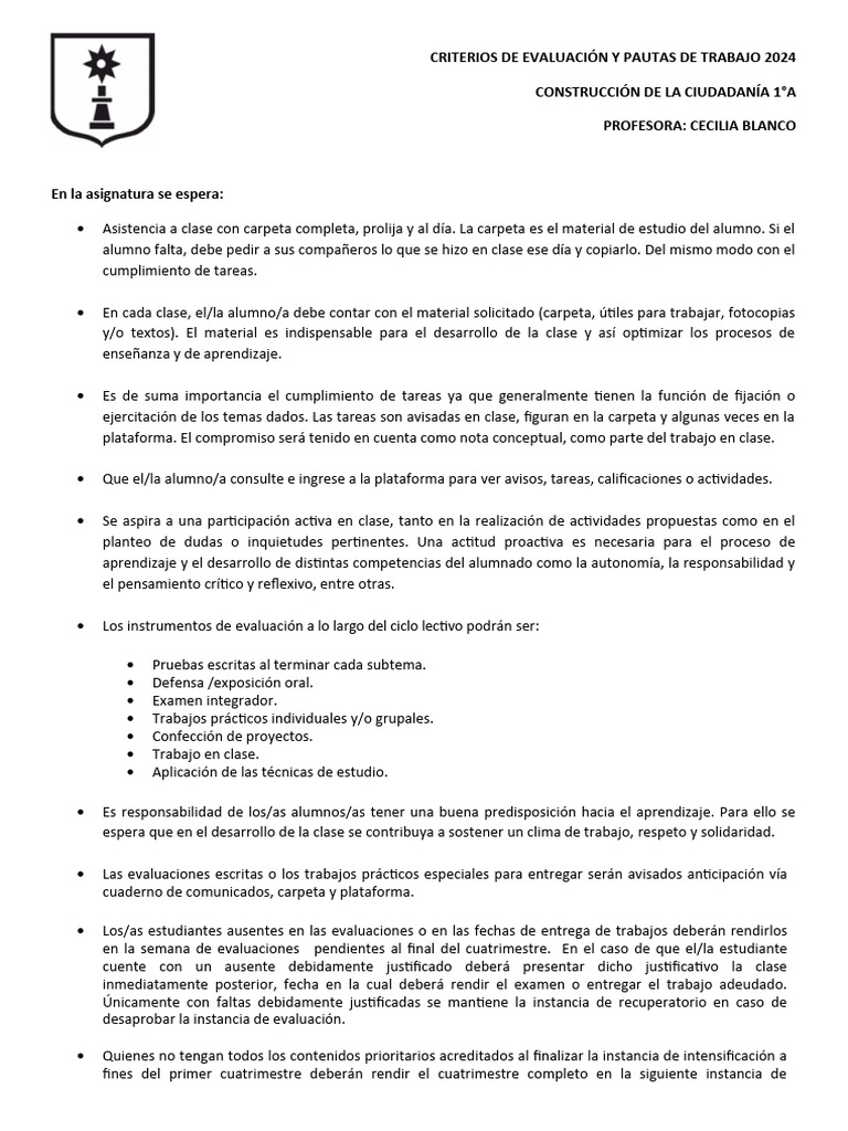 Pautas de Trabajo C de C 1°A 2024 | PDF | Evaluación | Aprendizaje