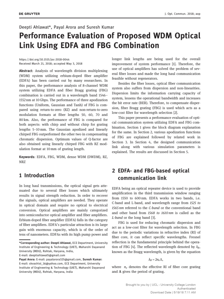 Art 2018 (Cité 19f) Proposed WDM Using EDFA A FBG Comb | PDF ...