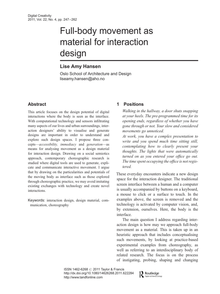 Hansen (2011) Full-Body Movement As Material For Interaction Design ...