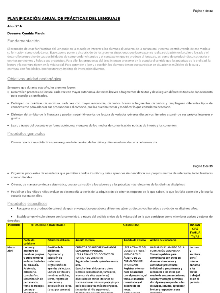 Plan Anual de Lenguaje 2° A | PDF | Escritura | Matemáticas