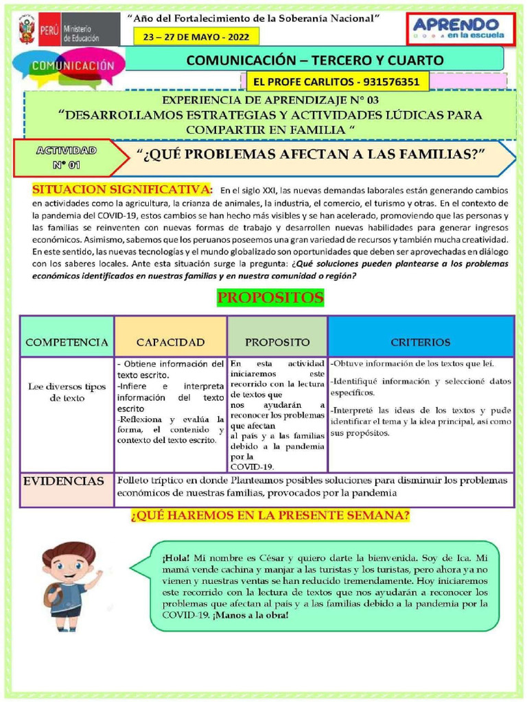 Experiencia de Aprendizaje 03 - Actividad 01 - 3ero y 4to Grado - Comunicacion - 2022 | PDF