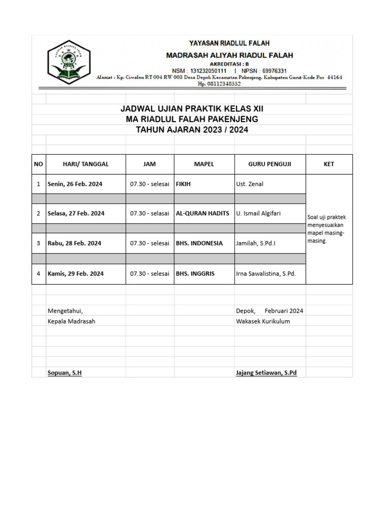 Jadwal Ujian Praktek-Kelas-XII MA 2024-2 | PDF