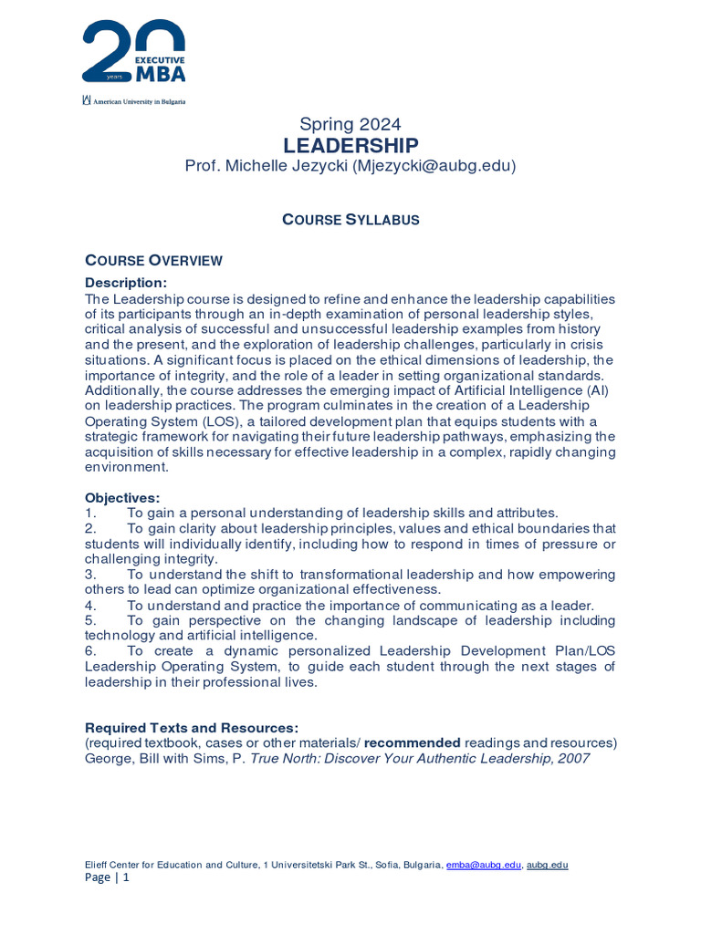 Leadership Course Syllabus Spring 2024 | PDF | Leadership | Artificial ...