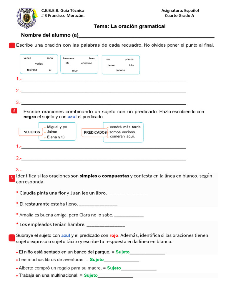Ejercicio La Oración Gramatical 4° 2021 | PDF | Asunto (gramática) | Gramática