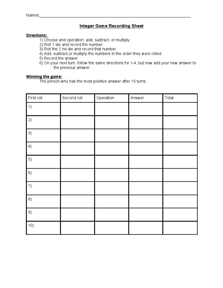 Integer Game Recording Sheet | PDF