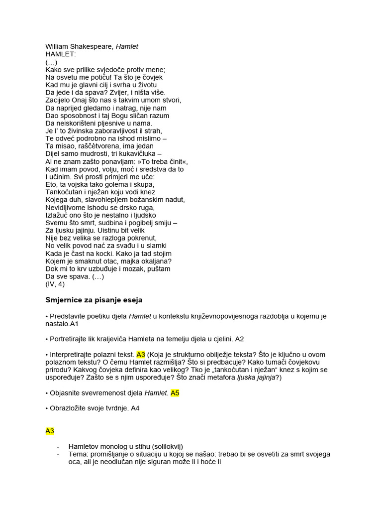 Hamlet - Esej - Monolog - A3 I A5 | PDF