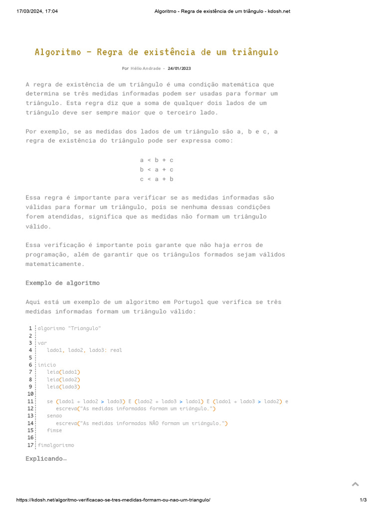 Algoritmo - Regra de Existência de Um Triângulo | PDF | Triângulo | Algoritmos