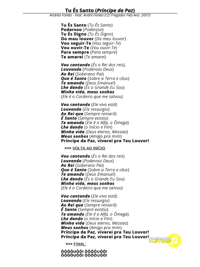Letra Tu És Santo (Príncipe Da Paz) - Andréa Fontes | PDF | Poesia
