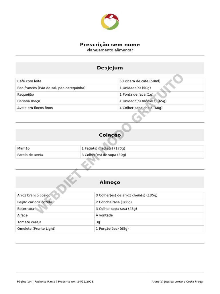 Plano Alimentar R M D Pdf Comidas E Bebidas Nutrientes Essenciais