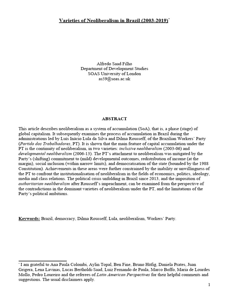 Varieties of Neoliberalism in Brazil 2003 2019 PTG 23R | PDF ...