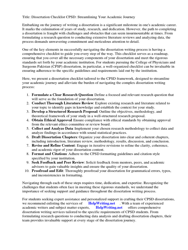Dissertation Checklist CPSP | PDF | Thesis | Methodology