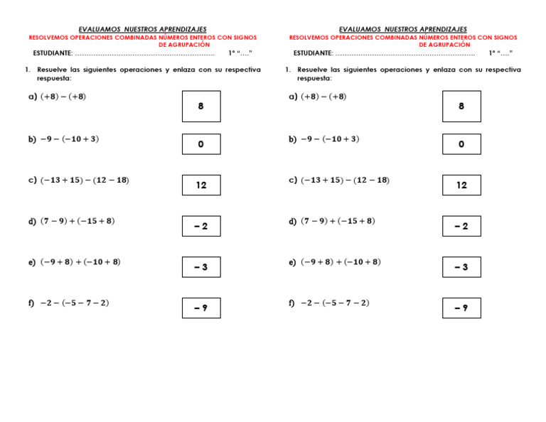 Operaciones Con Numeros Enteros Con Signos de Agrupacion | PDF