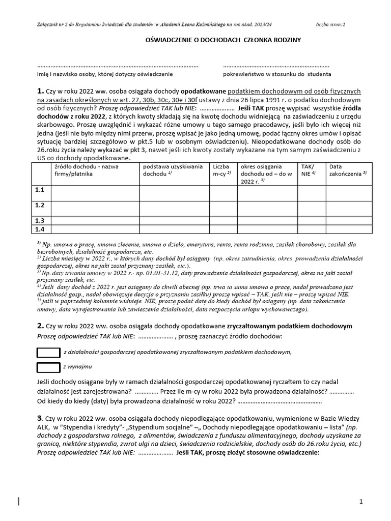Oświadczenie o Dochodach - Stypendium Socjalne - Kozminski University | PDF