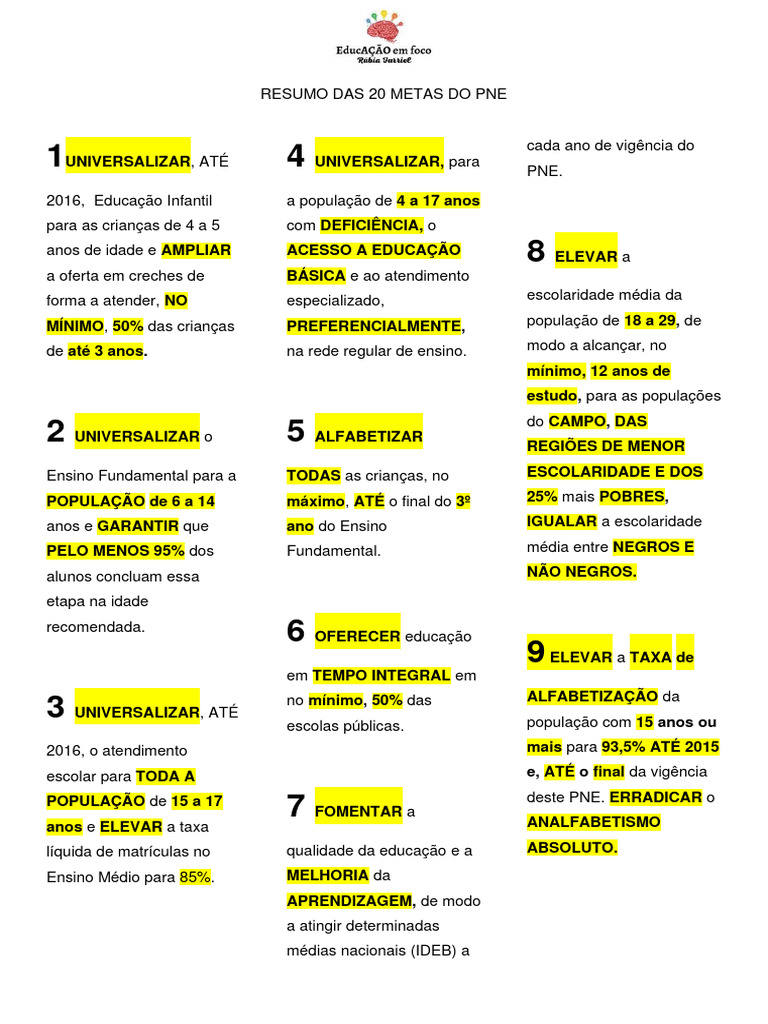 Resumo Das 20 Metas Do Pne | PDF | Alfabetização | Pré-escola