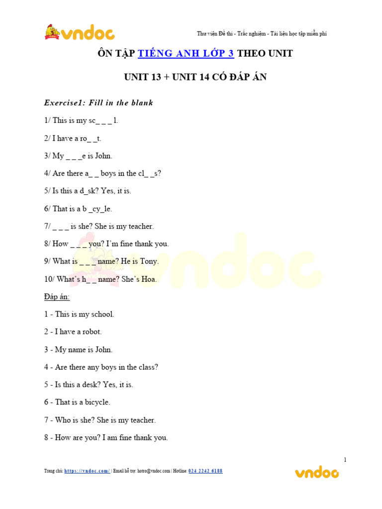 Bai Tap Tieng Anh Lop 3 Unit 13 14 | PDF