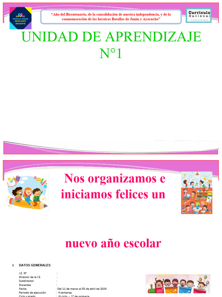 UNIDAD DE APRENDIZAJE N°1 1er Grado | Descargar gratis PDF | Aprendizaje | Evaluación