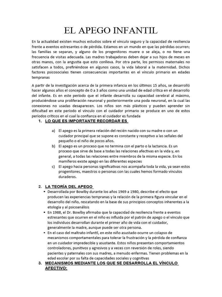 EL APEGO INFANTIL | PDF | Teoría de apego | Adultos