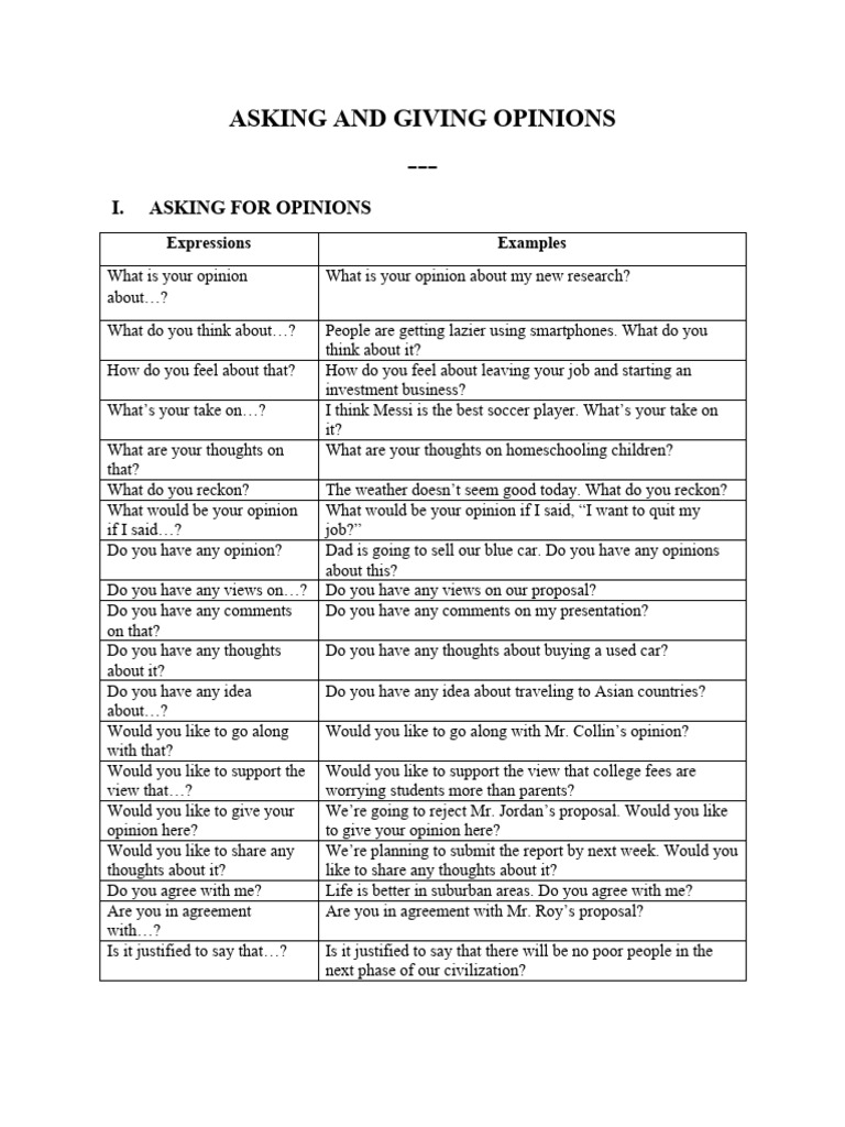 Asking and Giving Opinions | PDF | Career & Growth | Language Arts ...