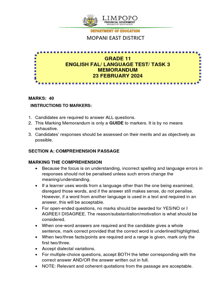 Grade 11 English FAL Paper 3 Memo 2024 | PDF | English Language | Adjective