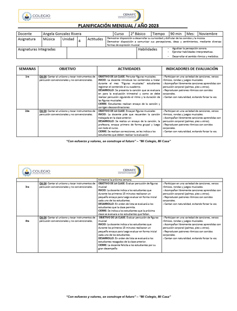 Planificación 2 Básico Musica Noviembre Descargar Gratis Pdf