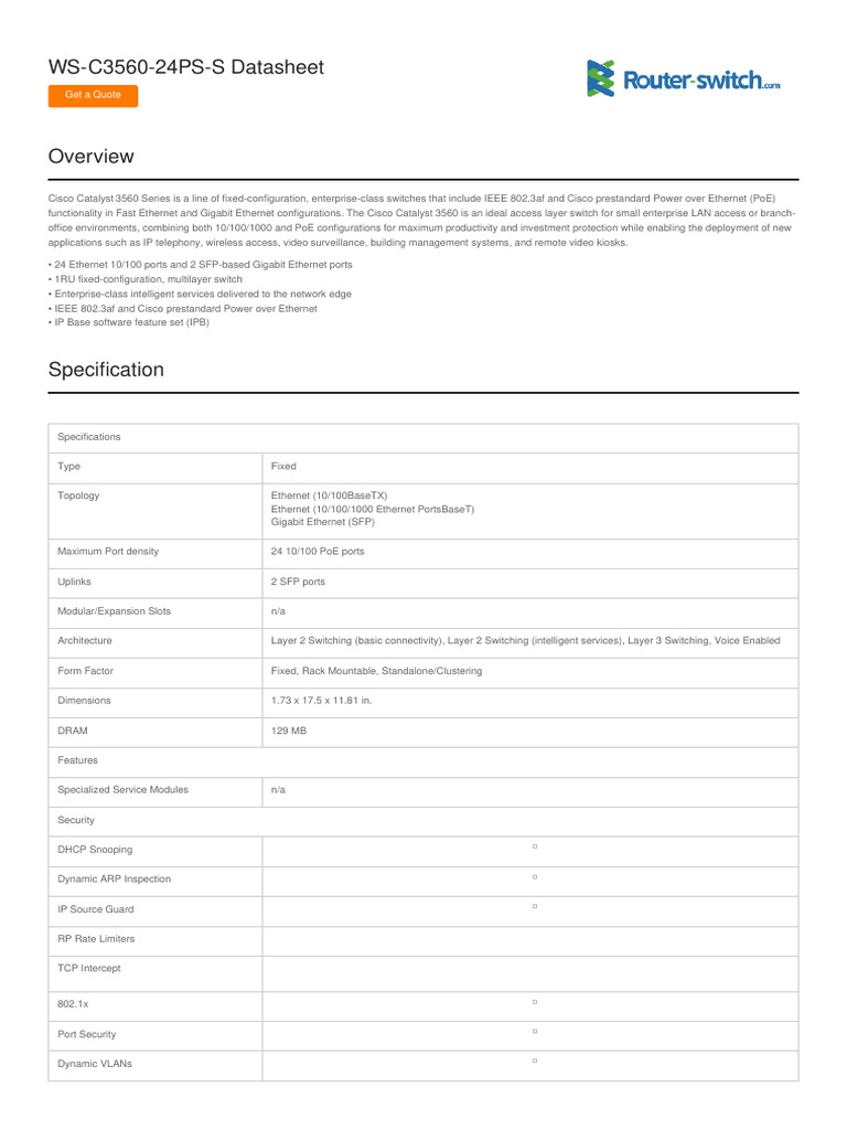 Cisco WS-C3560-24PS-S Datasheet | PDF | Network Switch | Ethernet